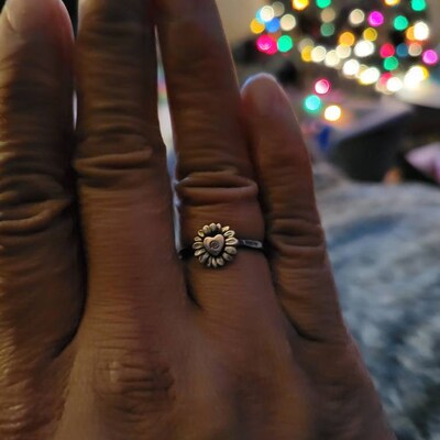 Yellow Sunflower Ring, Flower Ring, Sunflower Stack Ring, Heart Ring, Sterling Ring, Silver Ring ...