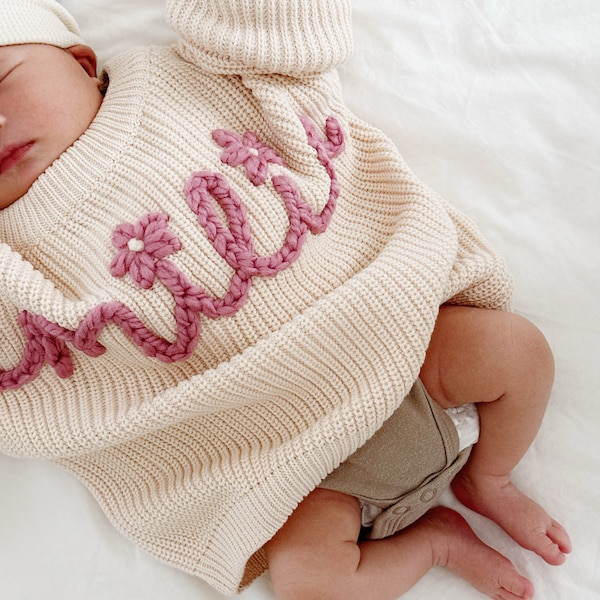 Hand Embroidered Name Knit Sweater, Personalized Baby Gift - Etsy