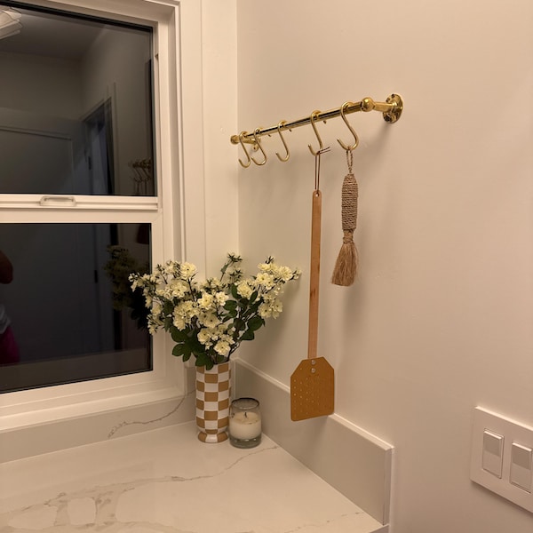 Rustic Ceiling-mounted Rod With S-hooks, Solid Unlacquered Brass ...
