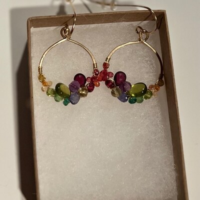 Teardrop Multi Gemstone Hoop Earrings 14K Gold Filled Gemstone Encrusted Arcs Garnet Sapphire ...