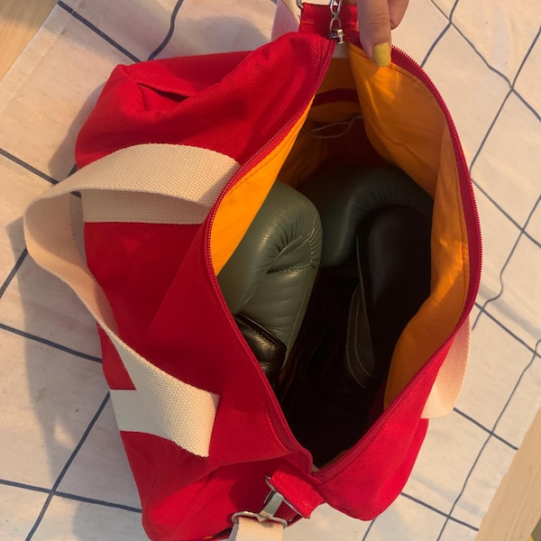 Red Canvas Duffel Bag, Fully Lined Washable, Gym Bag, Yoga Bag, Unisex ...