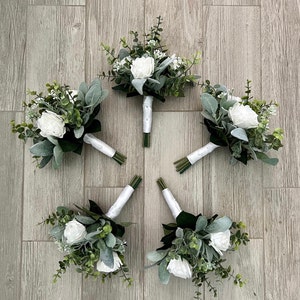 Boho Rose Wedding Bouquet, Realistic White Roses & Greenery Bridal ...