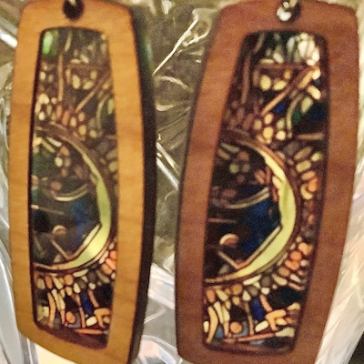 Mosaic Stained Glass Earrings // Teardrop // Mahogany Wood // Bright ...