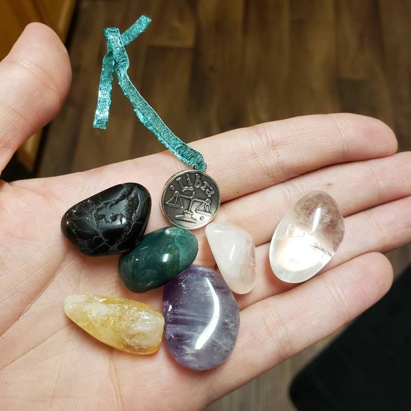 LIBRA Zodiac Tumbled Stone Set With Scale Charm Astrology Gift ...