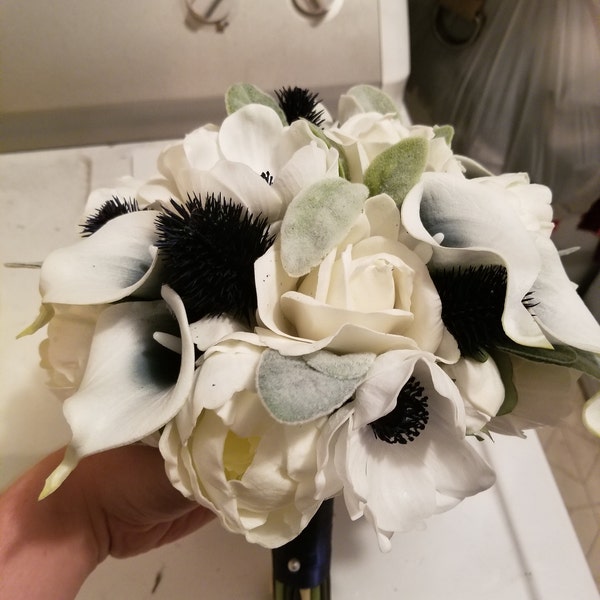 Real Touch Artificial White Ivory Roses Peonies Navy Anemones Calla ...