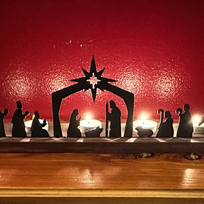 Nativity Scene Tea Light Holder 30 Long, Metal Nativity Scene With Wood ...