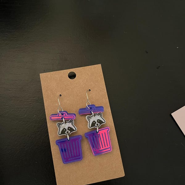 Funky Raccoon Trash Can Earrings: Laser Cut Acrylic Statement Jewelry ...