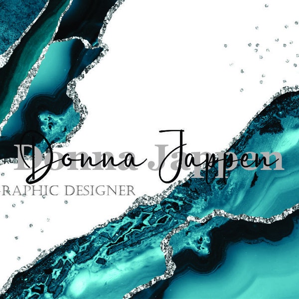 Teal and Silver Agate Borders, Digital Watercolor Geode PNG Overlays ...