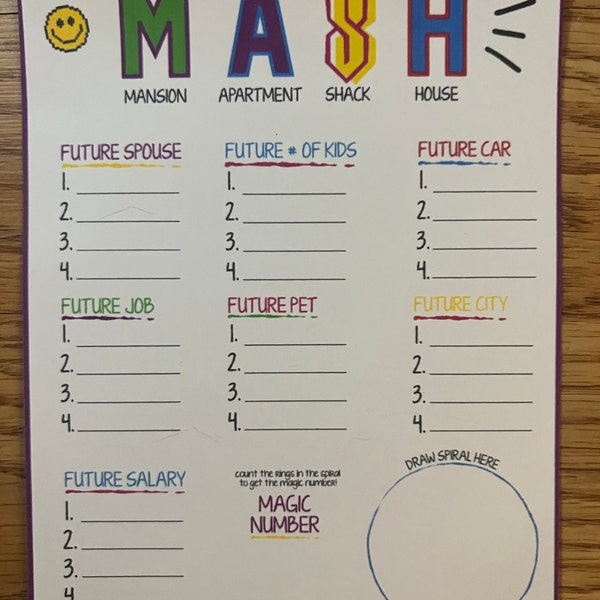 MASH Game Printable | MASH Game Digital File | Instant Download - Etsy