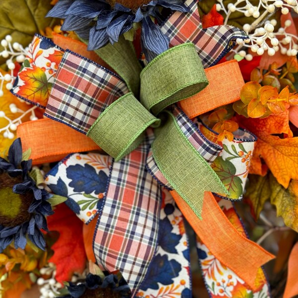 2.5" Linen Navy Leaves Wired Ribbon, Ribbon, Wreath Ribbon, Wreath ...