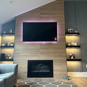 Modern Black Floating Shelf With LED Light, Thick Wall Shelf, Wooden ...