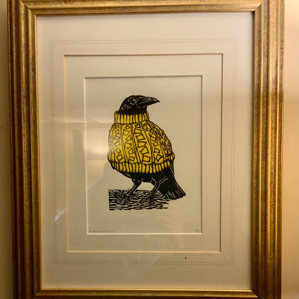 Crow Wearing a Mustard Yellow Jumper - Handmade Linocut Bird Art Print ...