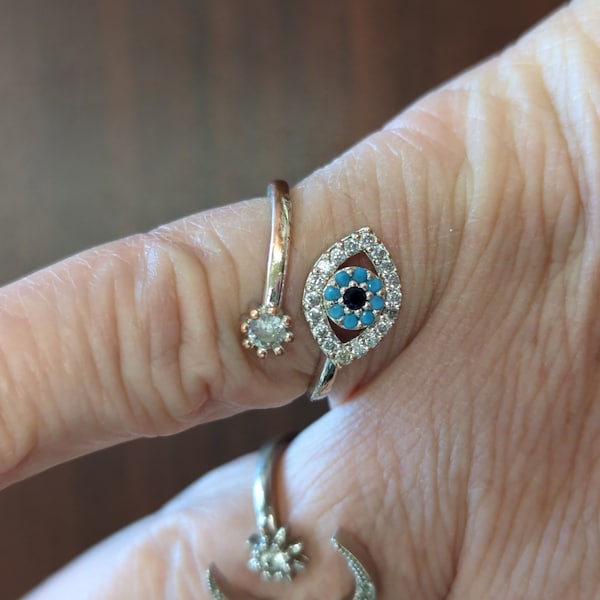 Minimalist Adjustable Evil Eye Ring, Zircon Evil Eye Charm Ring, Adjustable Minimalist Ring in ...