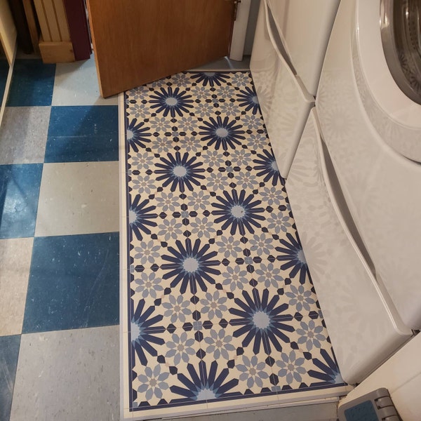 Dark Blue Kitchen Mat, Vinyl Floor Mat With Moroccan Tiles Design ...