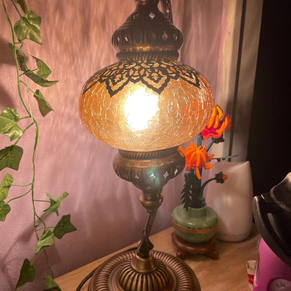 Vintage Turkish Moon Table Lamp With Cracked Glass - Exquisite Moroccan ...