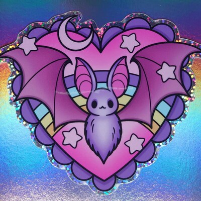 Spoopy Bat Heart Vinyl Glitter Sticker - Etsy