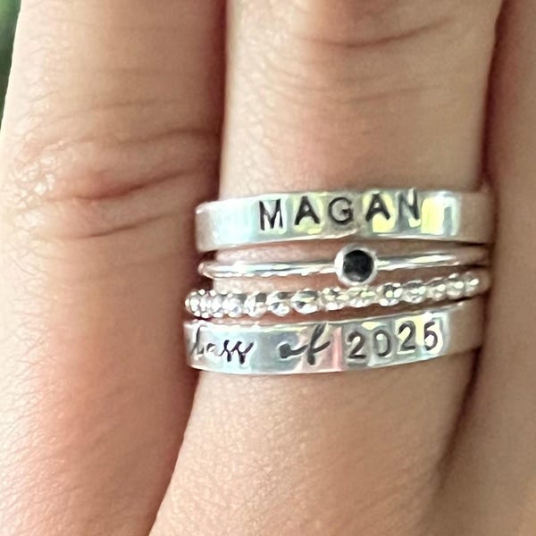 Class Ring Set, Sterling Silver Modern Class Rings, Personalized ...