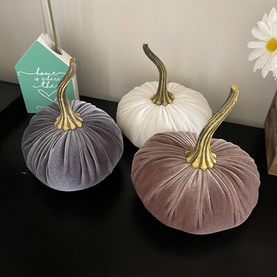 LARGE Velvet Pumpkins Set of 3, Taupe Decor, Elegant Fall Centerpiece ...