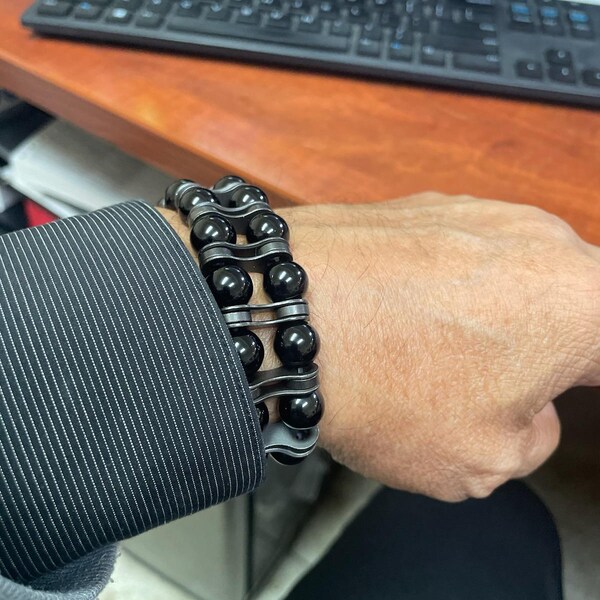 Black Beaded Double Strand Bicycle Chain Link Bracelet, Bicycle Jewelry ...