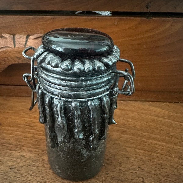 Empty Witchcraft Spell Jar Handmade Pewter Black Glass Jewel Top Hinged ...