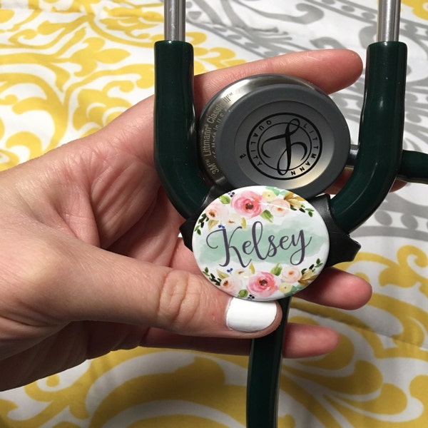 Floral Stethoscope ID Tag - Pink and Mint Yoke Style Stethoscope ID Tag ...