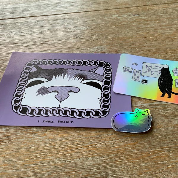 Cat Gallery A2 Risograph Poster Illustration in Black and Cornflower Blue of a Cat Judging ...