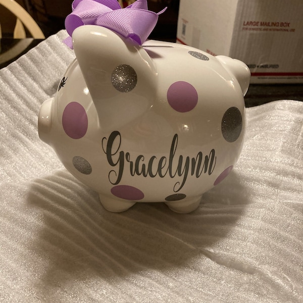 Personalized 9”large Piggy Bank Light Pink and Glitter Silver Polka Dot ...