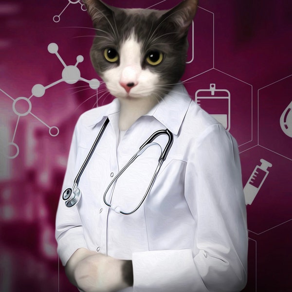 Custom Female Pet Doctor Portrait - Doctor Pet Portrait - Cat Doctor ...