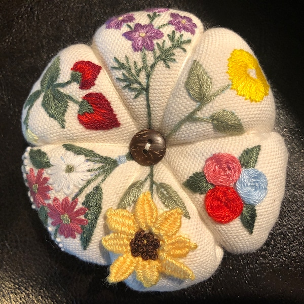 Flower Garden Embroidered Pin Cushion, Handmade Round Pumpkin ...
