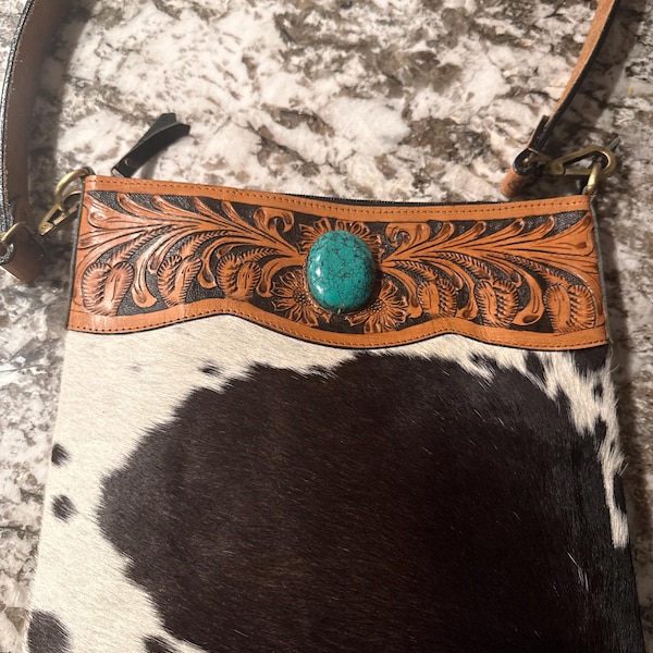 Cowhide Crossbody Purse Tooled Leather Clutch Messenger Bag Western ...
