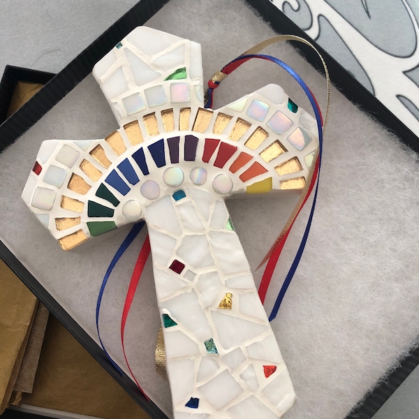 First Communion, Mosaic Wall Cross, Gray Blue, 9x6" Decorative Cross ...