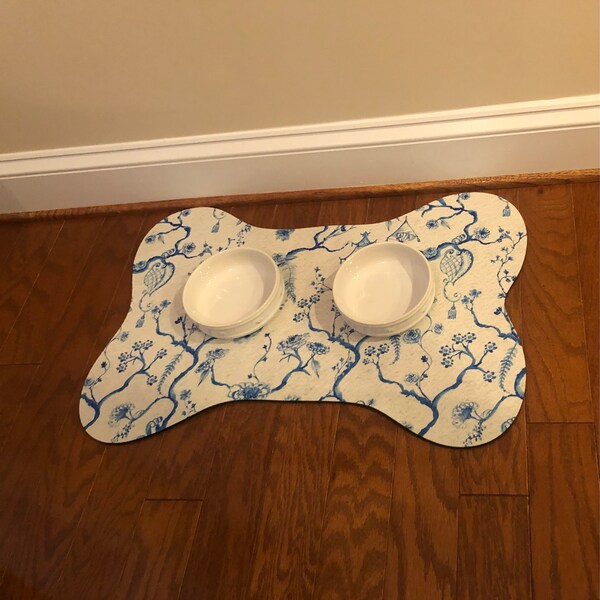 Chinoiserie Dog Bone Pet Mat, Blue and White Bone Shaped Dog Bowl Mat ...