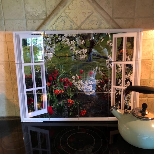 Floral Garden Ceramic Tile Mural: Window View Wall Art - Etsy