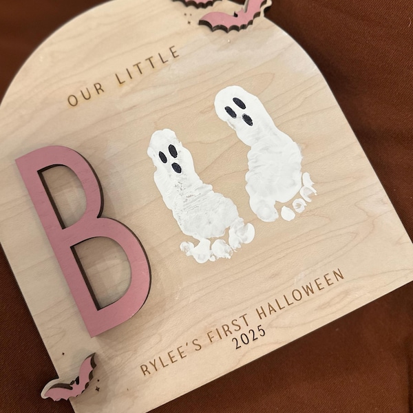 DIY Footprint Art, Baby's First Halloween, My Little Boo Sign, Wooden ...