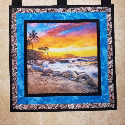 Tropical Seashore Turquoise Ocean Water Waves Fabric Panel Quilt Square ...