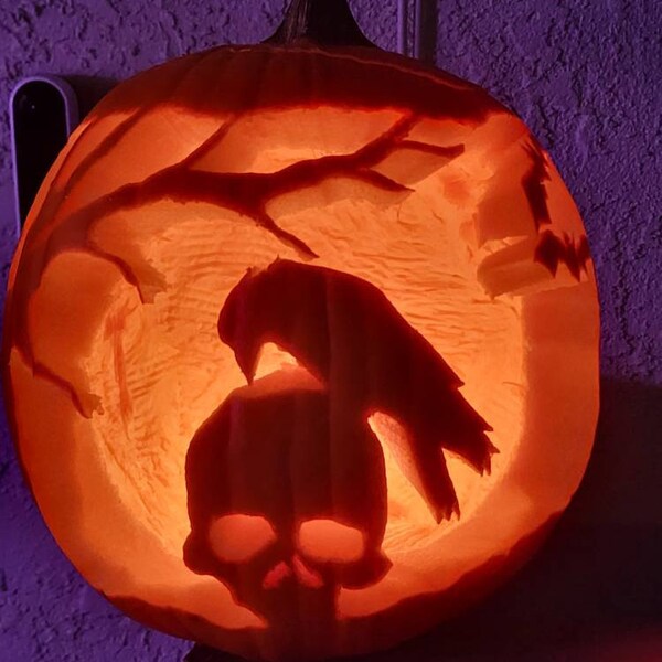 Skull & Crow Pumpkin Stencil, Halloween Crow and Bats, PRINTABLE Pumpkin Stencil, Jack O ...