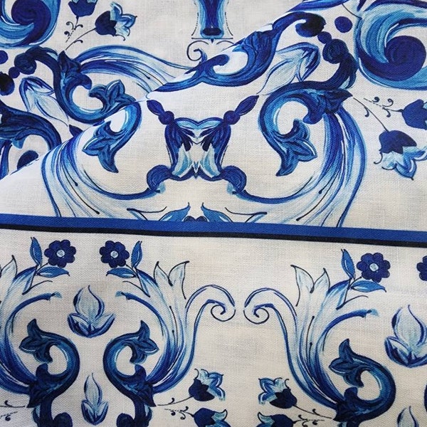 Italian Design Linen Fabric: Blue Tile Print, Summer Clothing, Drapery ...
