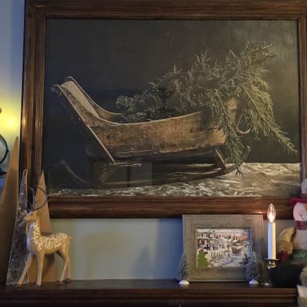 Christmas Sled Painting, Rustic Farmhouse Wall Art, Moody Holiday Print ...