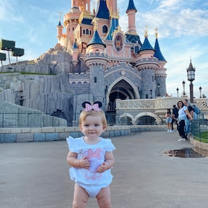 Disney Ruffle Romper, Baby Disney Outfit, Embroidered Pink Seersucker Minnie Disney Romper ...