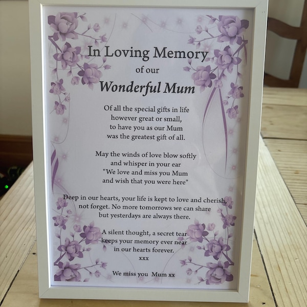 Mum in Loving Memory Print, Funeral Poem, Missing You, Bereavement ...