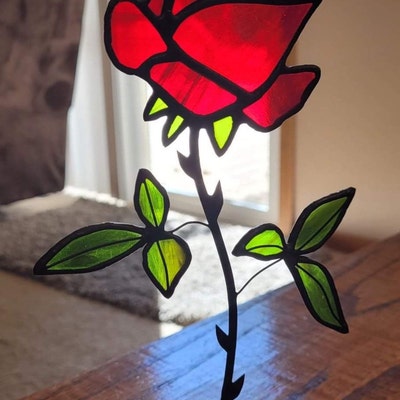 Stained Glass Red Rose on the Wooden Stand Stained Glass Suncatcher ...