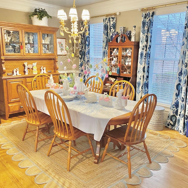 Scalloped Jute Rug, Light Blue Jute Scallop Boho Decor Handmade Rug ...