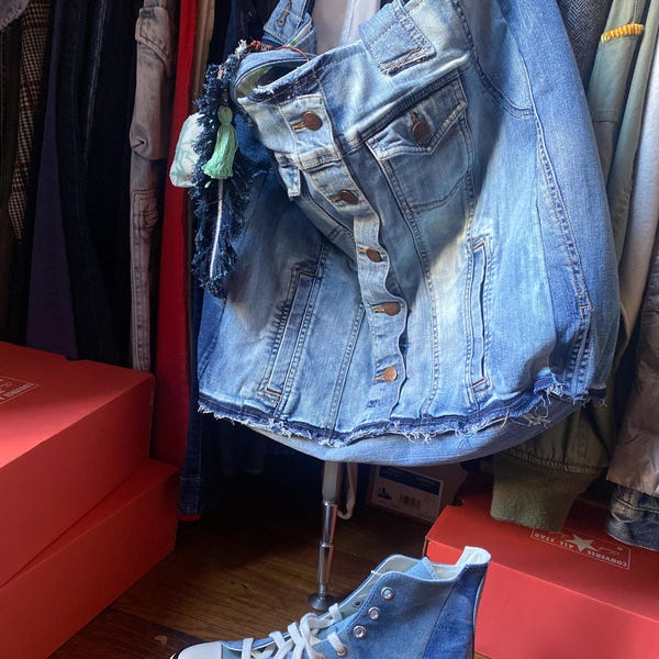 Distressed Denim Bag, Upcycled Denim Tote Bag, Handmade Jean Shopper ...
