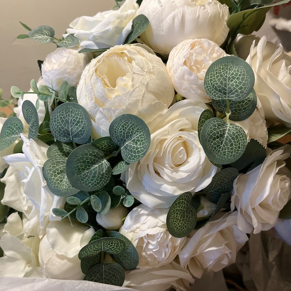 Ivory White & Greenery Bouquet, Wedding Bouquet, Bridal Bouquet ...