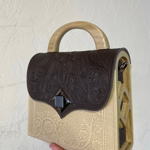 Handmade Wooden Leather Handbag: Embossed Women's Purse - Etsy
