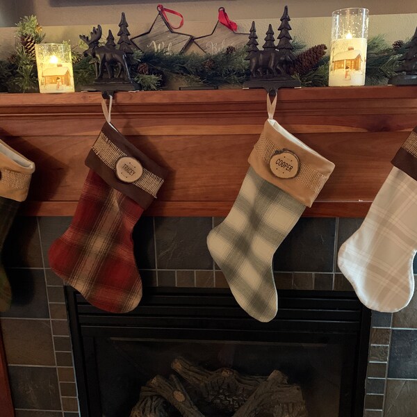 Farmhouse Christmas Stocking Personalized Wood or Leather Name Tag ...