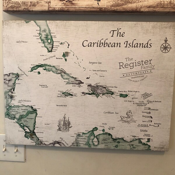 Vintage Push Pin Map of Caribbean With Modern Details, Island Sailing ...