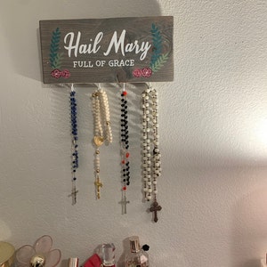 Hail Mary Wood Sign Rosary Hanger, Hand-painted, Home Decor, Prayer ...