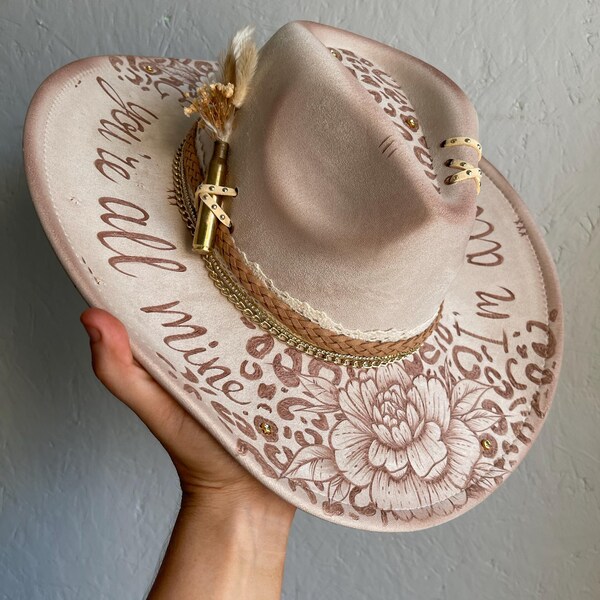 Burned Western Boho Wool Felt Fedora Cowgirl Hat Derby Lainey Wilson Yellowstone Custom Floral ...
