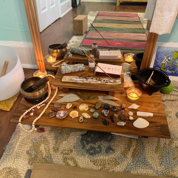 2 Altar Table Set, 2 Tier Altar Tables, Teak Wood, Crystal Shelf, Small ...